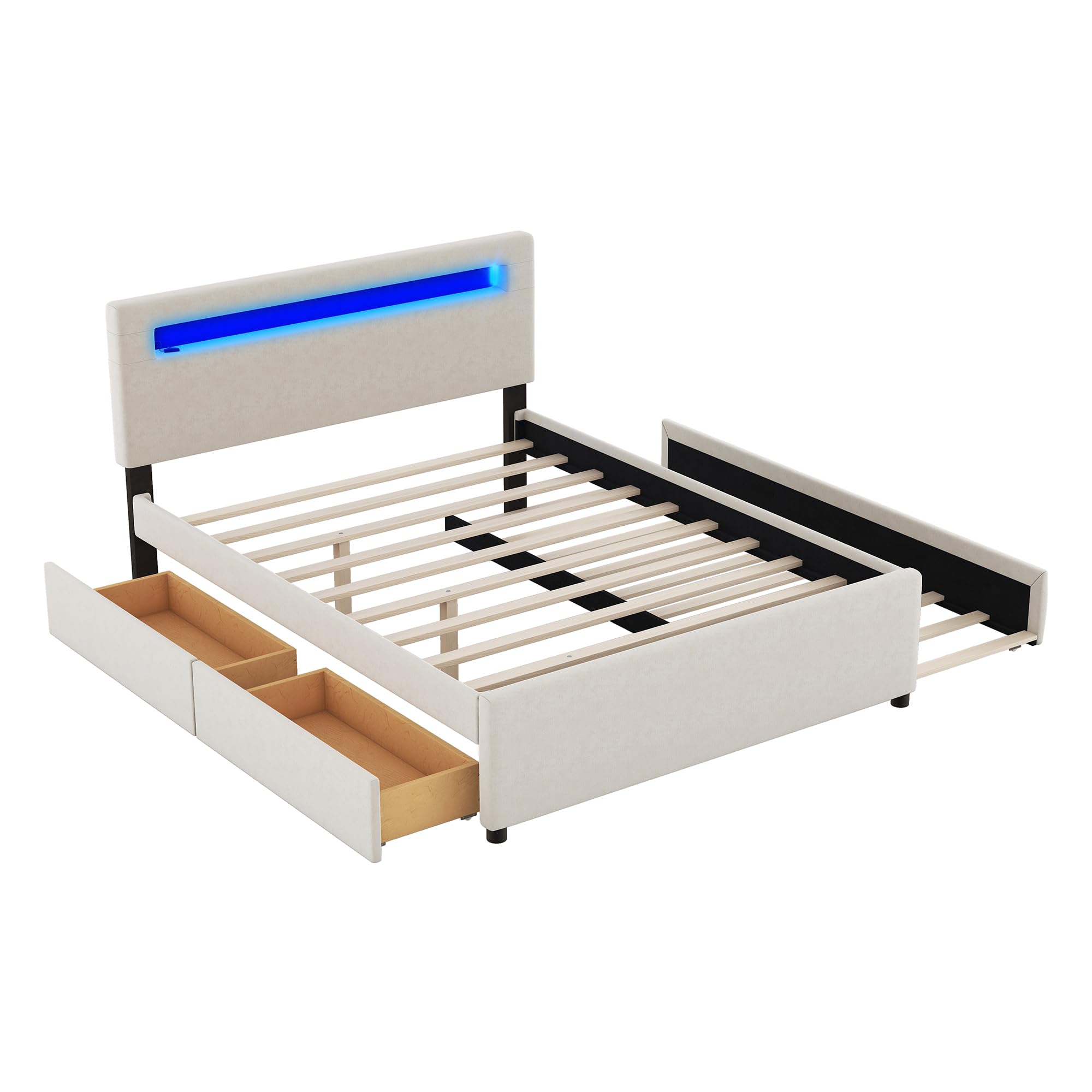 HABUHOME Queen Size Upholstered Platform Bed with 2 Storage Drawers and Twin Trundle, LED Lights and USB Charging, Linen Queen Bed Frame with Headboard and Wood Slat Support,Beige