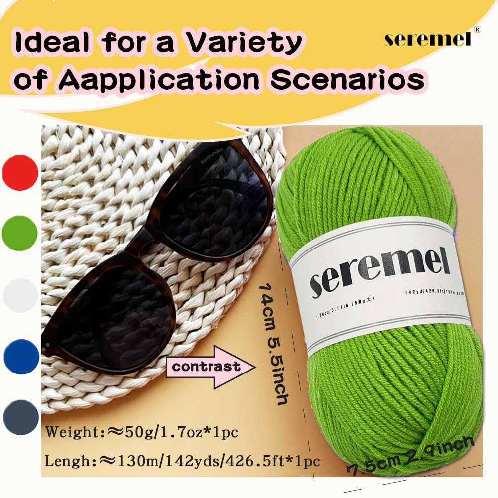 seremel 4Ply Acrylic Soft Yarn 2 Balls 1Pack, 2 Pcs Crochet Yarn Total 100g (3.4oz) / 260m (280Yds), Crocheting/Knitting #4 Medium Yarns, Worsted Beautiful Color (White) (White)