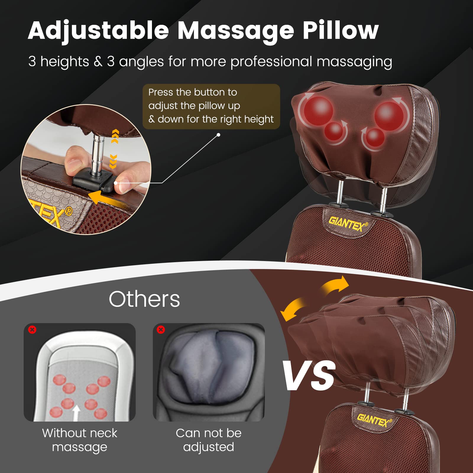Giantex Back Massager Chair Pad - Chair Massager with Adjustable Neck Pillow, 3 Speeds & 3-Level Timer, Rolling Shiatsu Massager Seat Cushion for Shoulder, Neck, Back, Home Office Massage Seat, Brown