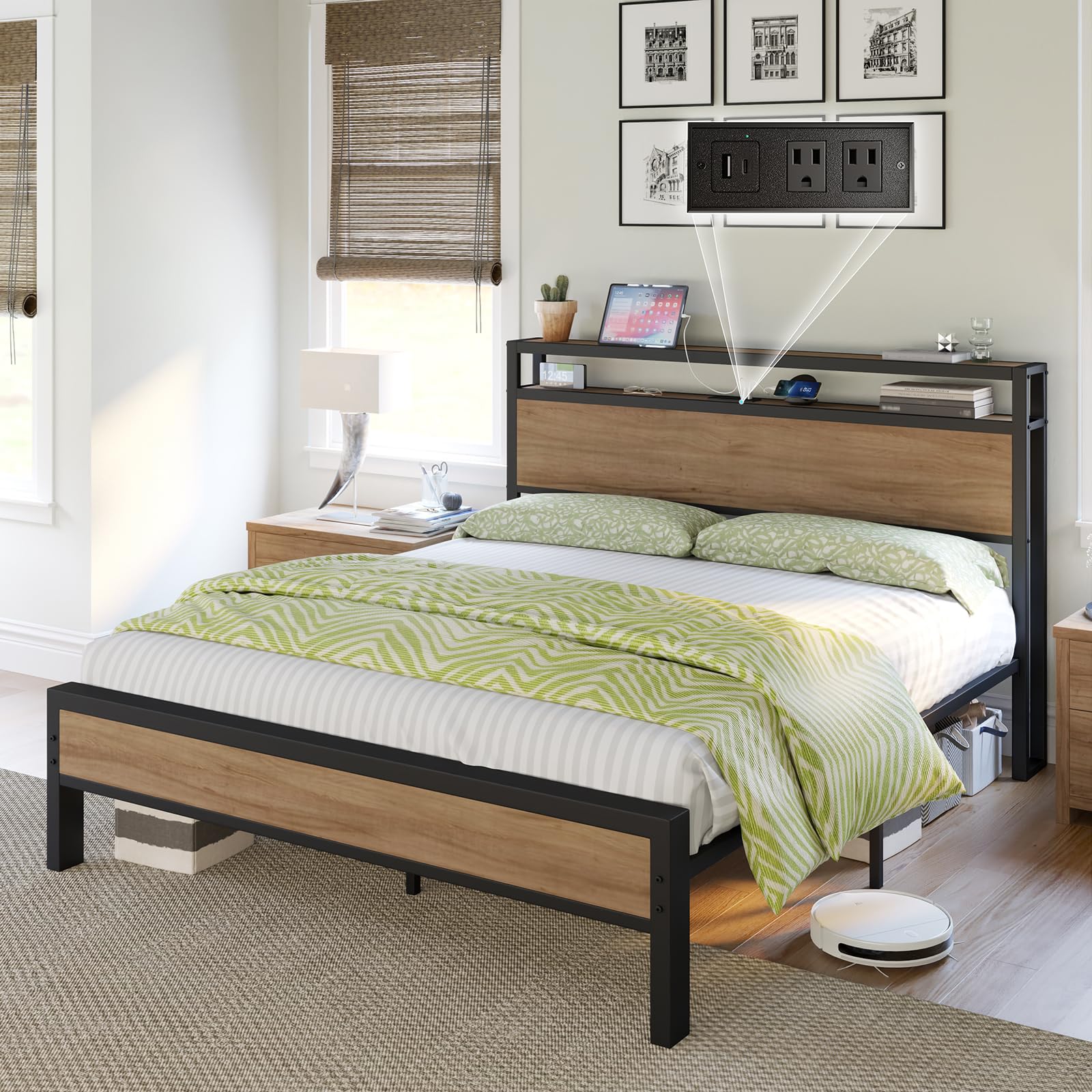 Queen Size Bed Frame, Platform Bed Frame with 2-Tier Storage Headboard and Charging Station/No Box Spring Needed/Noise Free/Industrial/Light Brown