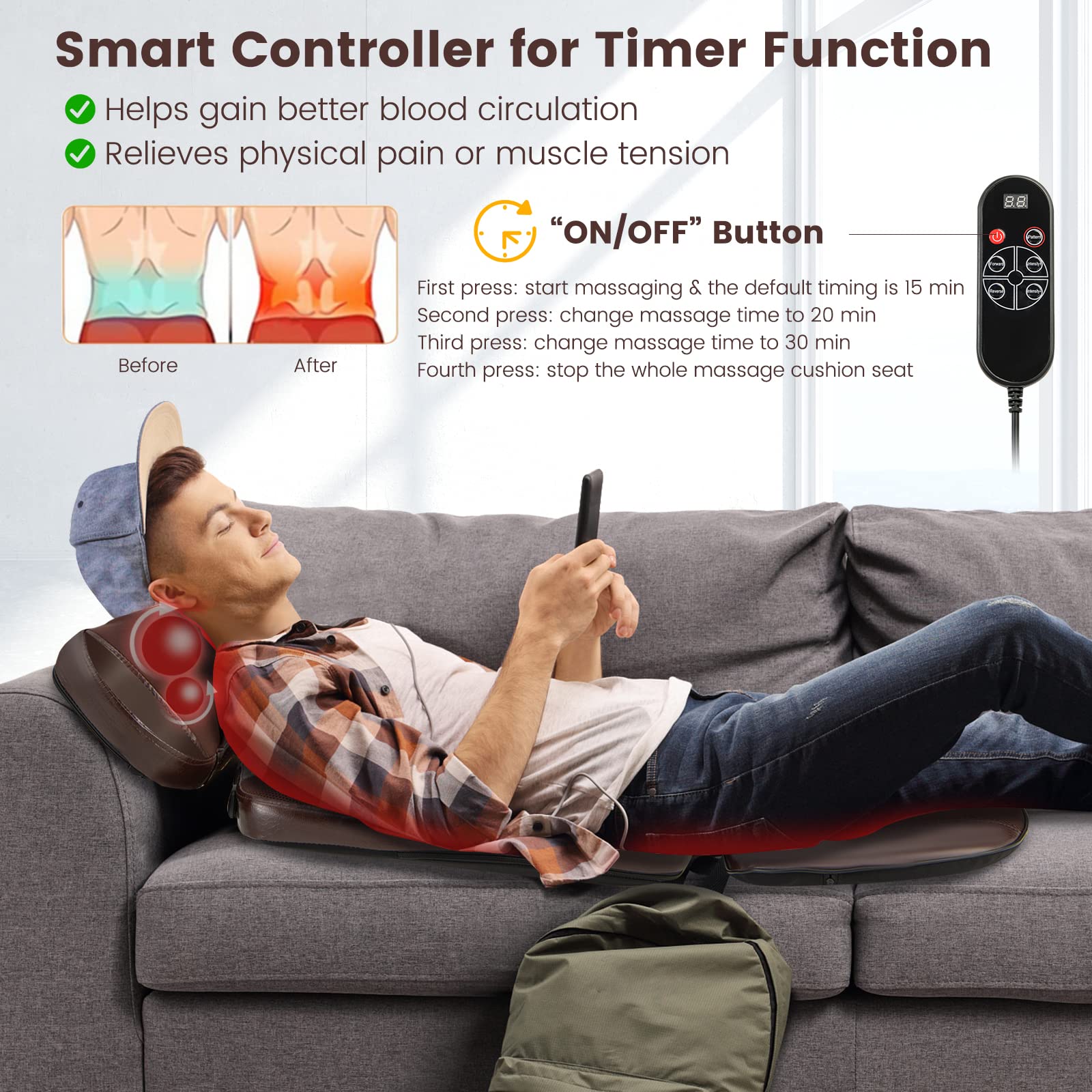 Giantex Back Massager Chair Pad - Chair Massager with Adjustable Neck Pillow, 3 Speeds & 3-Level Timer, Rolling Shiatsu Massager Seat Cushion for Shoulder, Neck, Back, Home Office Massage Seat, Brown