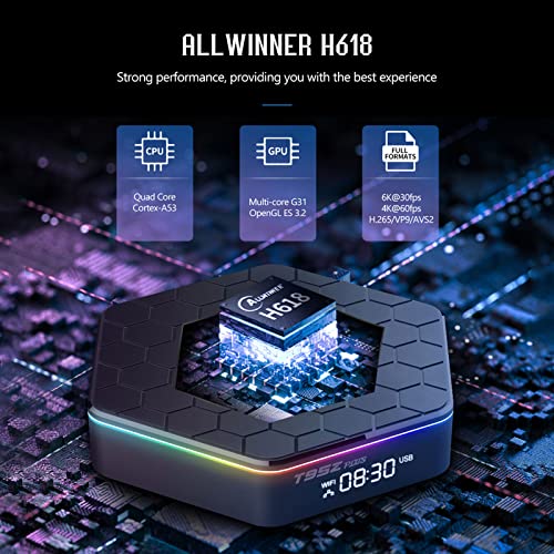 Android TV Box 12.0 4GB RAM 64GB ROM TV Box Android 2022 H618 Quad-core Cortex-A53, Android Box 4K 6K with Wi-Fi 6 2.4G/5G Bluetooth 5.0 HDR10+ Ethernet 100M USB 2.0 Smart TV Box