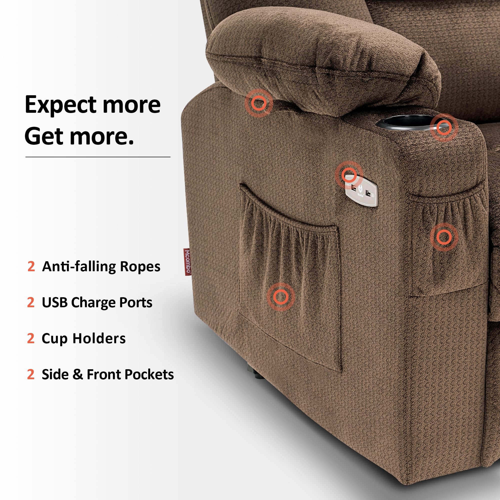 MCombo Small Power Lift Recliner Chair with Massage and Heat for Petite People, Cup Holders, USB Ports, Side Pockets, Fabric 7569 (Small-Regular, Brown)