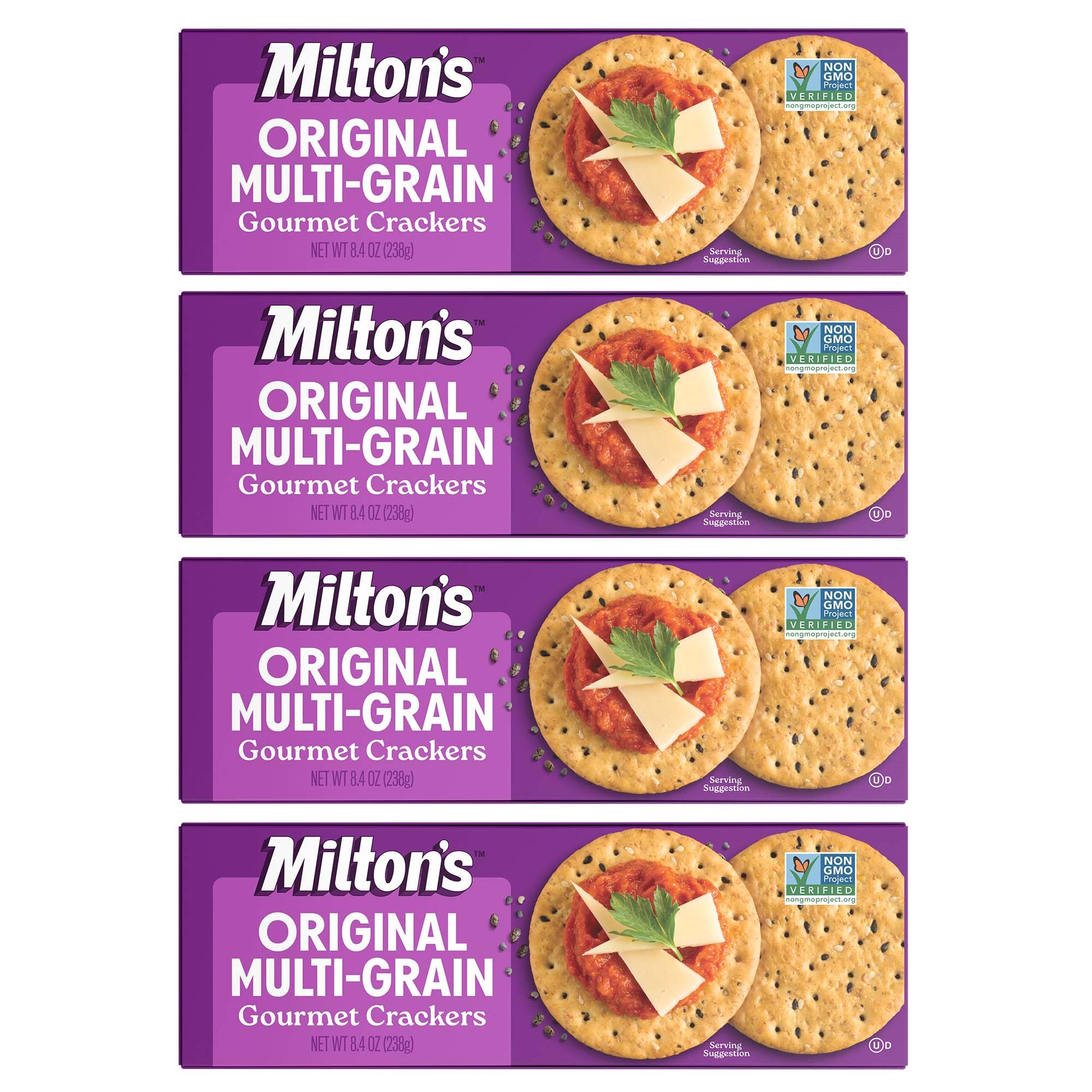 Milton's Gourmet Crackers, Original Multi-Grain - Non-GMO Project Verified, Natural Ingredients, Kosher, Great for Charcuterie Boards - 8.4 Oz, Pack of 4