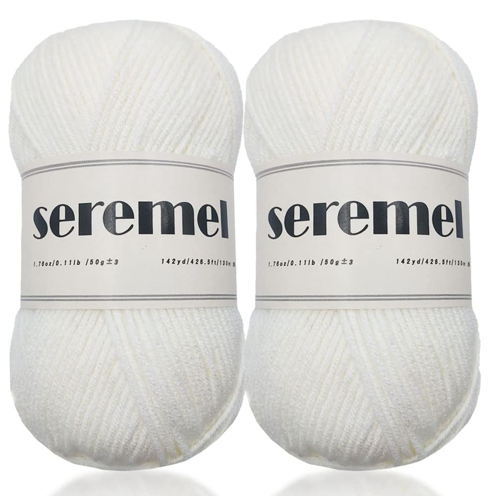 seremel 4Ply Acrylic Soft Yarn 2 Balls 1Pack, 2 Pcs Crochet Yarn Total 100g (3.4oz) / 260m (280Yds), Crocheting/Knitting #4 Medium Yarns, Worsted Beautiful Color (White) (White)