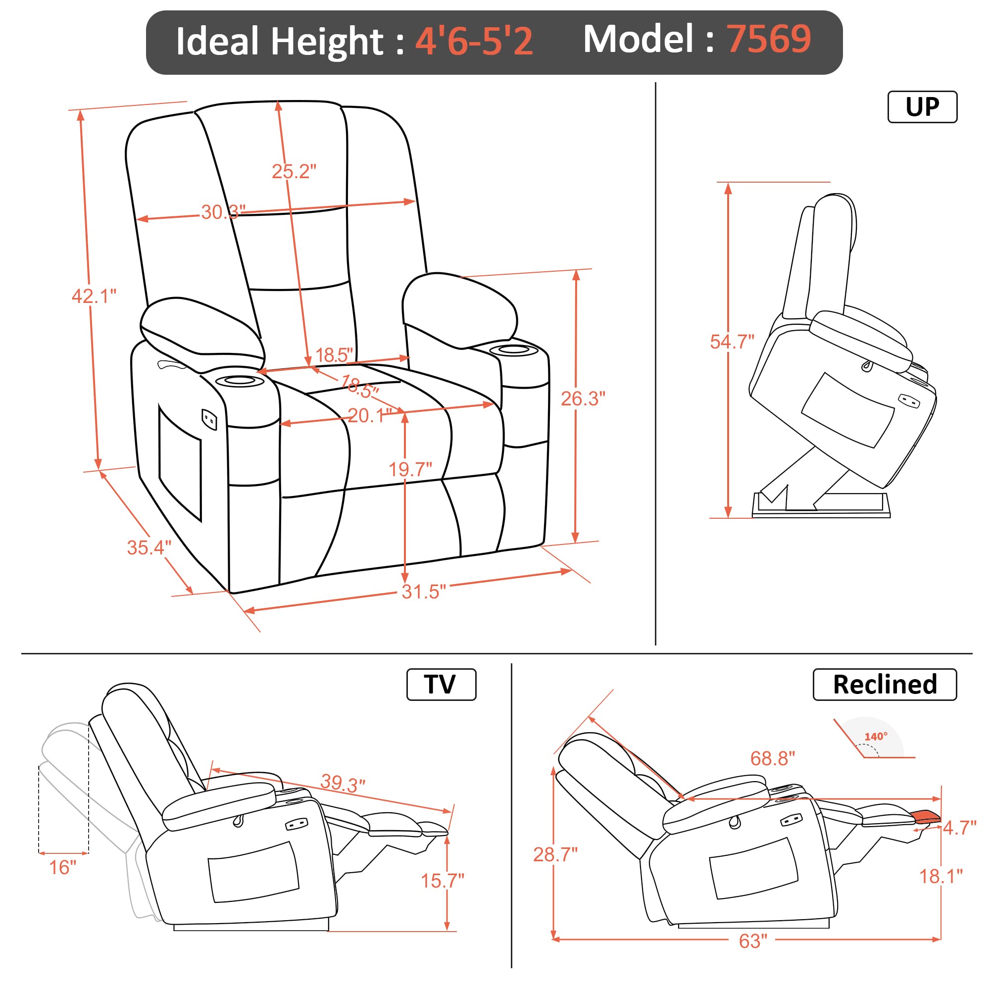 MCombo Small Power Lift Recliner Chair with Massage and Heat for Petite People, Cup Holders, USB Ports, Side Pockets, Fabric 7569 (Small-Regular, Brown)