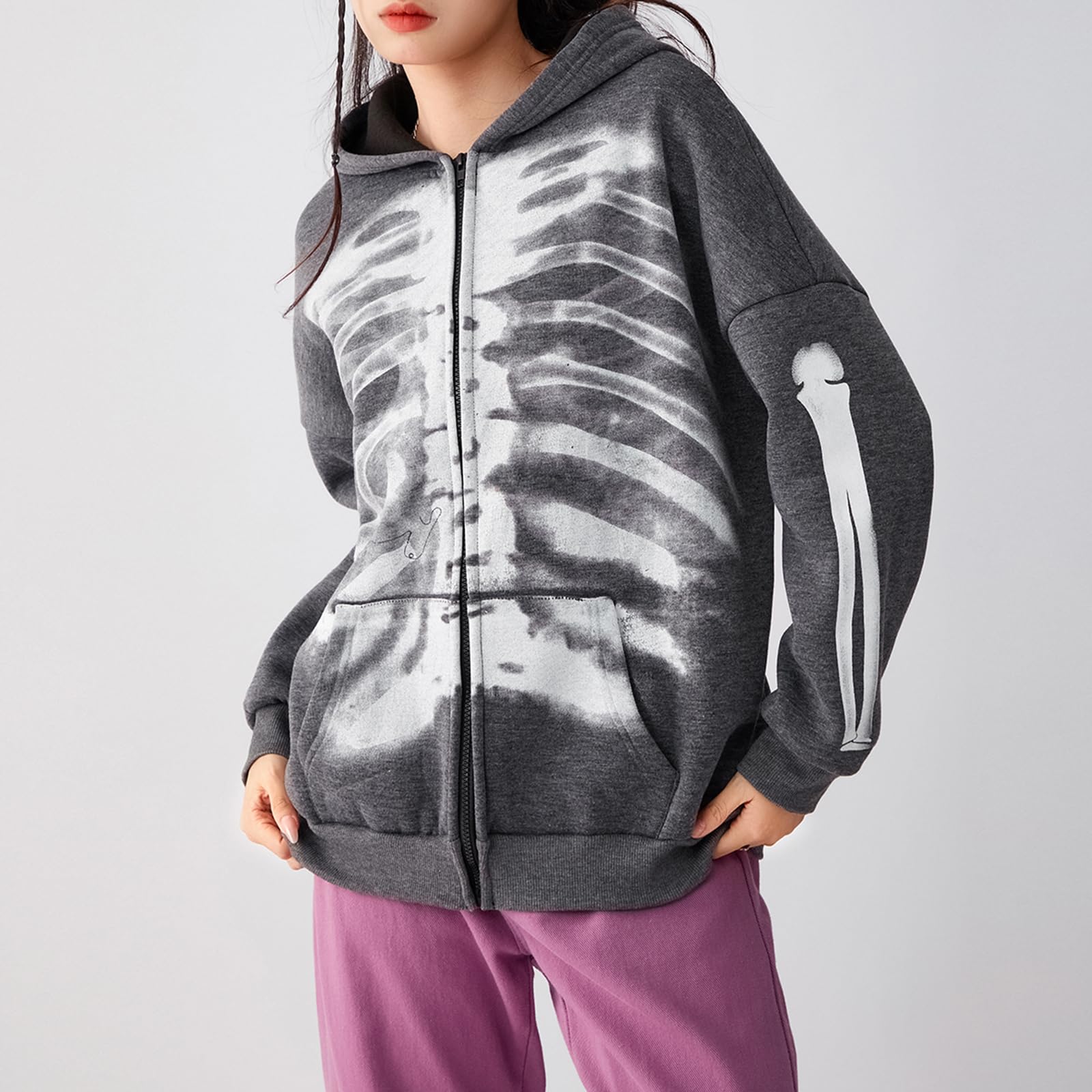 Karwuiio Women Men Zip Up Hoodie Y2k Vintage Graphic Oversized Sweatshirt Jacket Pullover Coats Gothic Streetwear (All Black, XL)