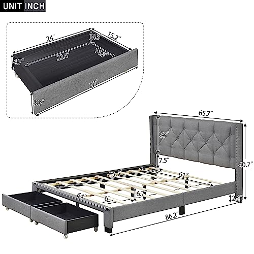 FANYHOME Queen Size Linen Upholstered Platform Bed Frame with Two Storage Drawers and Headboard for Boys Girls Teenager,Gray