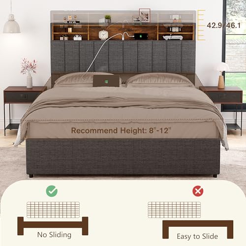 Lumelay Queen Bed Frame with 4 Storage Drawers, LED Bed Frame with Charging Station and Adjustable Tall Bookcase Headboard, Upholstered Mattress Foundation, No Box Spring Needed, Dark Grey