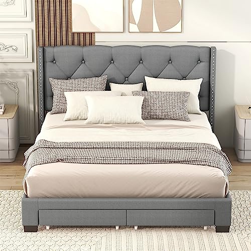 FANYHOME Queen Size Linen Upholstered Platform Bed Frame with Two Storage Drawers and Headboard for Boys Girls Teenager,Gray