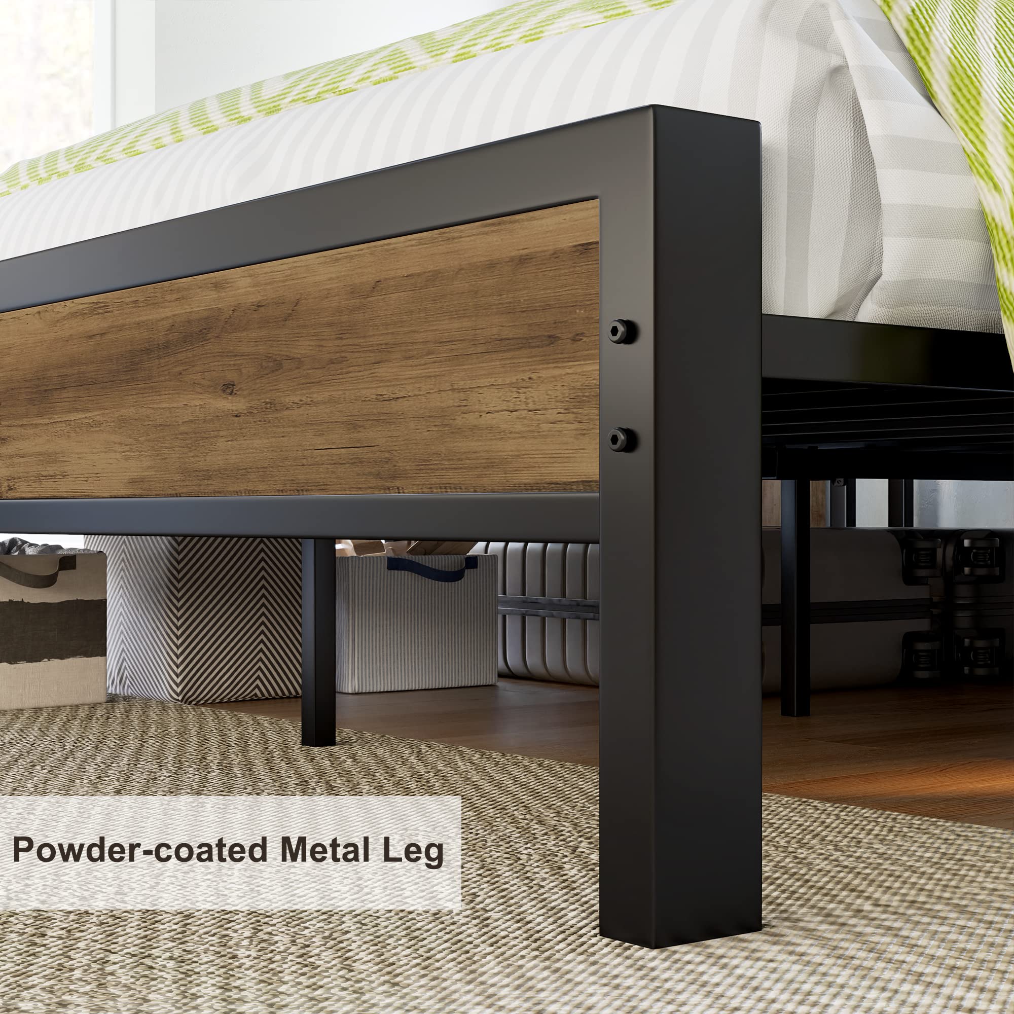 Queen Size Bed Frame, Platform Bed Frame with 2-Tier Storage Headboard and Charging Station/No Box Spring Needed/Noise Free/Industrial/Light Brown