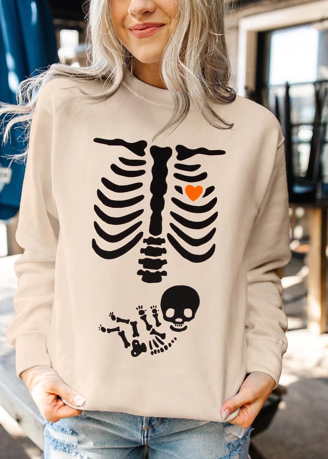 SOFEON Women Halloween Sweatshirt X-Ray Skeleton Maternity Sweatshirt Funny Pregnancy Announcement Crewneck Pullover Tops(Beige,XX-Large)