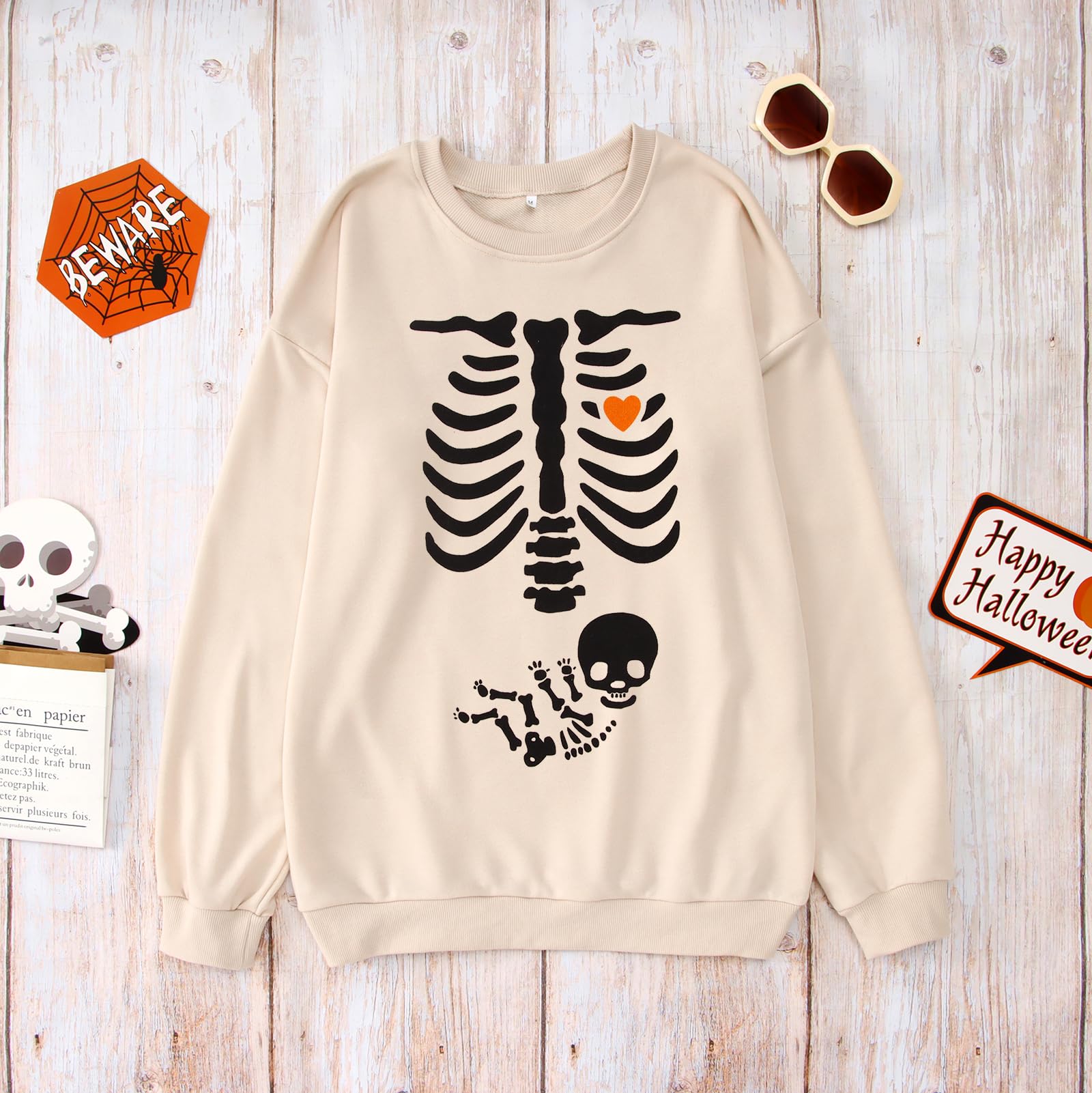 SOFEON Women Halloween Sweatshirt X-Ray Skeleton Maternity Sweatshirt Funny Pregnancy Announcement Crewneck Pullover Tops(Beige,XX-Large)