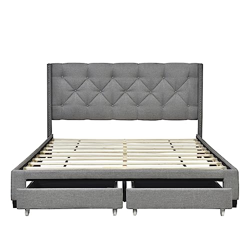 FANYHOME Queen Size Linen Upholstered Platform Bed Frame with Two Storage Drawers and Headboard for Boys Girls Teenager,Gray