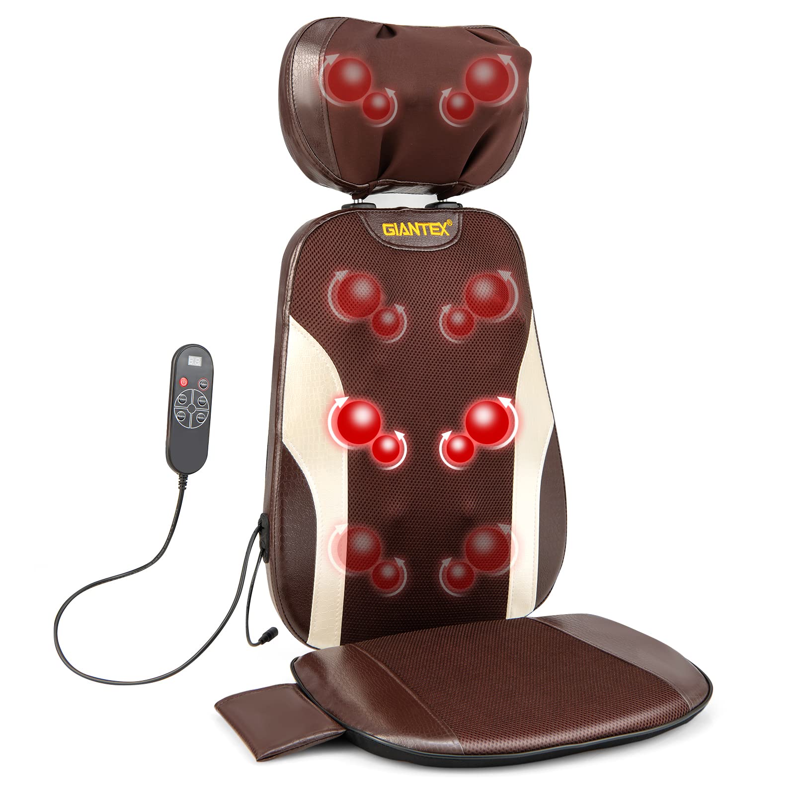 Giantex Back Massager Chair Pad - Chair Massager with Adjustable Neck Pillow, 3 Speeds & 3-Level Timer, Rolling Shiatsu Massager Seat Cushion for Shoulder, Neck, Back, Home Office Massage Seat, Brown