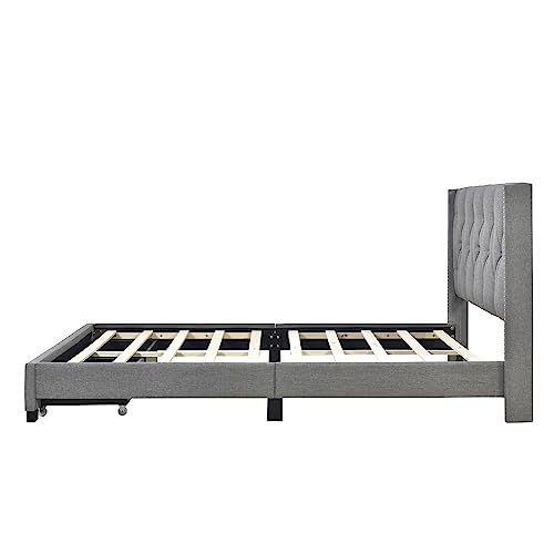 FANYHOME Queen Size Linen Upholstered Platform Bed Frame with Two Storage Drawers and Headboard for Boys Girls Teenager,Gray