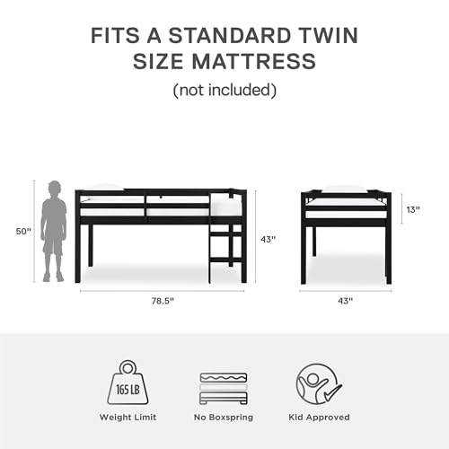DHP Milton Twin Loft Bed with Safety Guard Rail, Black, Space Saving Junior Size, Pine Wood