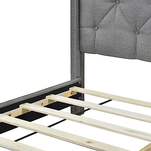 FANYHOME Queen Size Linen Upholstered Platform Bed Frame with Two Storage Drawers and Headboard for Boys Girls Teenager,Gray