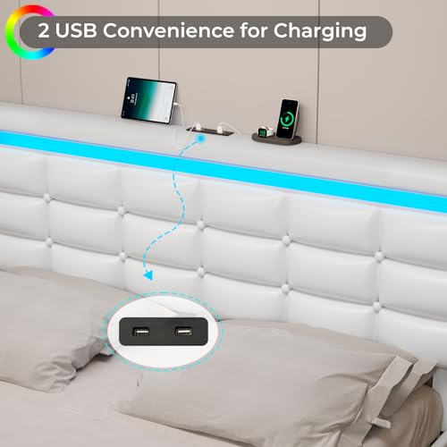 BTHFST Queen LED Bed Frame with Headboard, Faux Leather Platform Bed Frame with 2 USB Charging Station & Storage Drawers, No Squeak, White