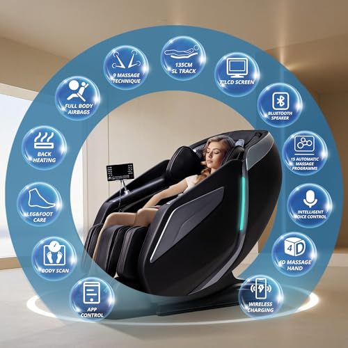 HealthRelife 4D Massage Chair Full Body Zero Gravity Full Body SL Track Intelligent Voice Control Bluetooth Speaker with Heated, Black
