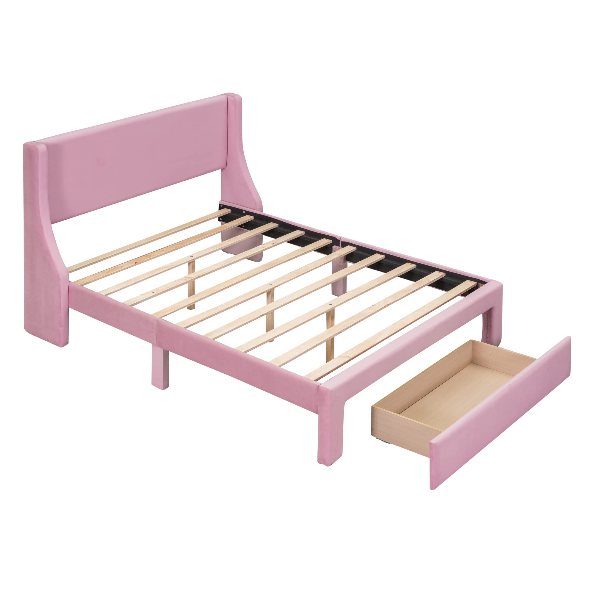 Anwickhomk Queen Size Fabric Upholstered Platform Bed Frame, Modern Upholstered Platform Bed with Headboard, with Big Storage Drawer,Heavy Duty Bed Frame with Wood Slat Support, Pink