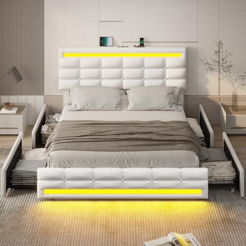 BTHFST Queen LED Bed Frame with Headboard, Faux Leather Platform Bed Frame with 2 USB Charging Station & Storage Drawers, No Squeak, White