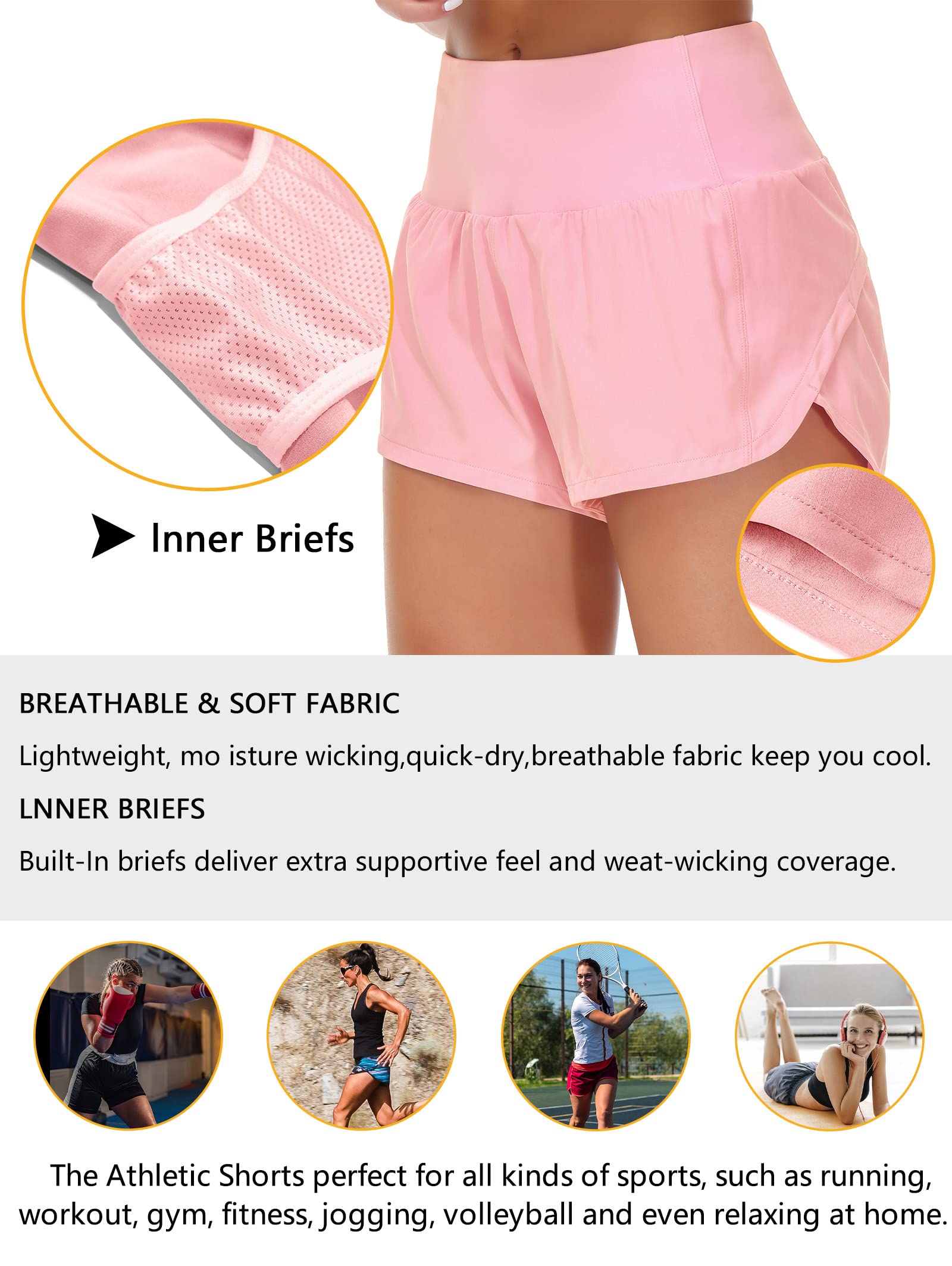 Origiwish Women's High Waisted Running Shorts with Liner Quick Dry Athletic Workout Shorts Zipper Pockets (Medium, Pink)