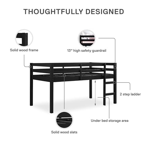 DHP Milton Twin Loft Bed with Safety Guard Rail, Black, Space Saving Junior Size, Pine Wood