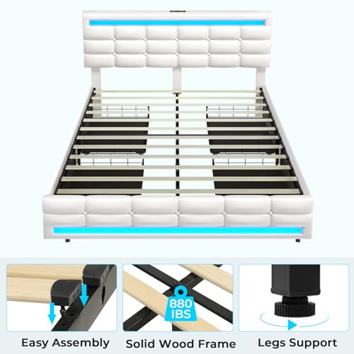 BTHFST Queen LED Bed Frame with Headboard, Faux Leather Platform Bed Frame with 2 USB Charging Station & Storage Drawers, No Squeak, White