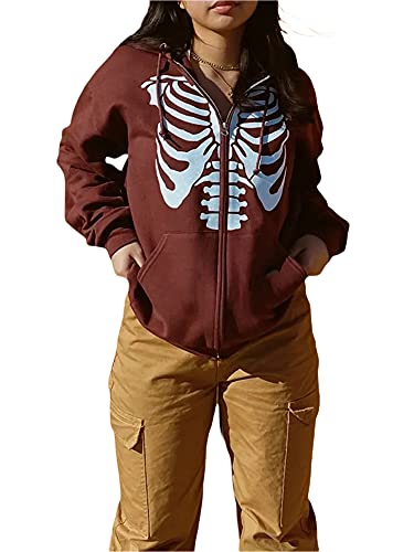 Michellecmm Women's Skeleton Zip Up Hoodie Face Portrait Aesthetic Oversized Jacket Sweatshirt E-Girl Harajuku Pullover Streetwear