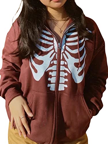 Michellecmm Women's Skeleton Zip Up Hoodie Face Portrait Aesthetic Oversized Jacket Sweatshirt E-Girl Harajuku Pullover Streetwear