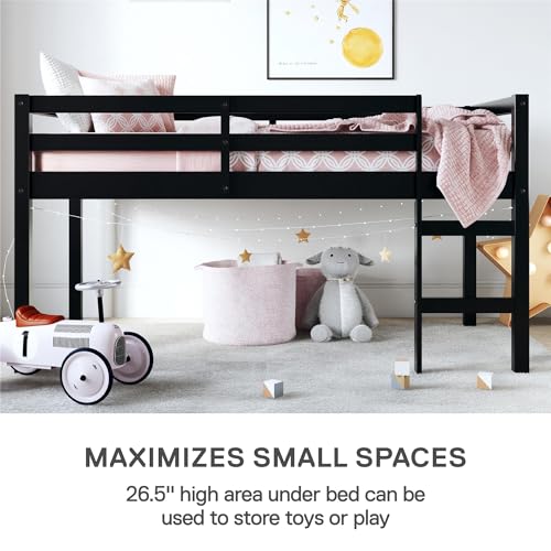 DHP Milton Twin Loft Bed with Safety Guard Rail, Black, Space Saving Junior Size, Pine Wood