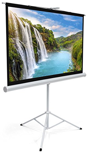 Displays2go 63 x 36 Inch Projector Screen with Height Adjustable Tripod Stand – Black (PRSTRI72)
