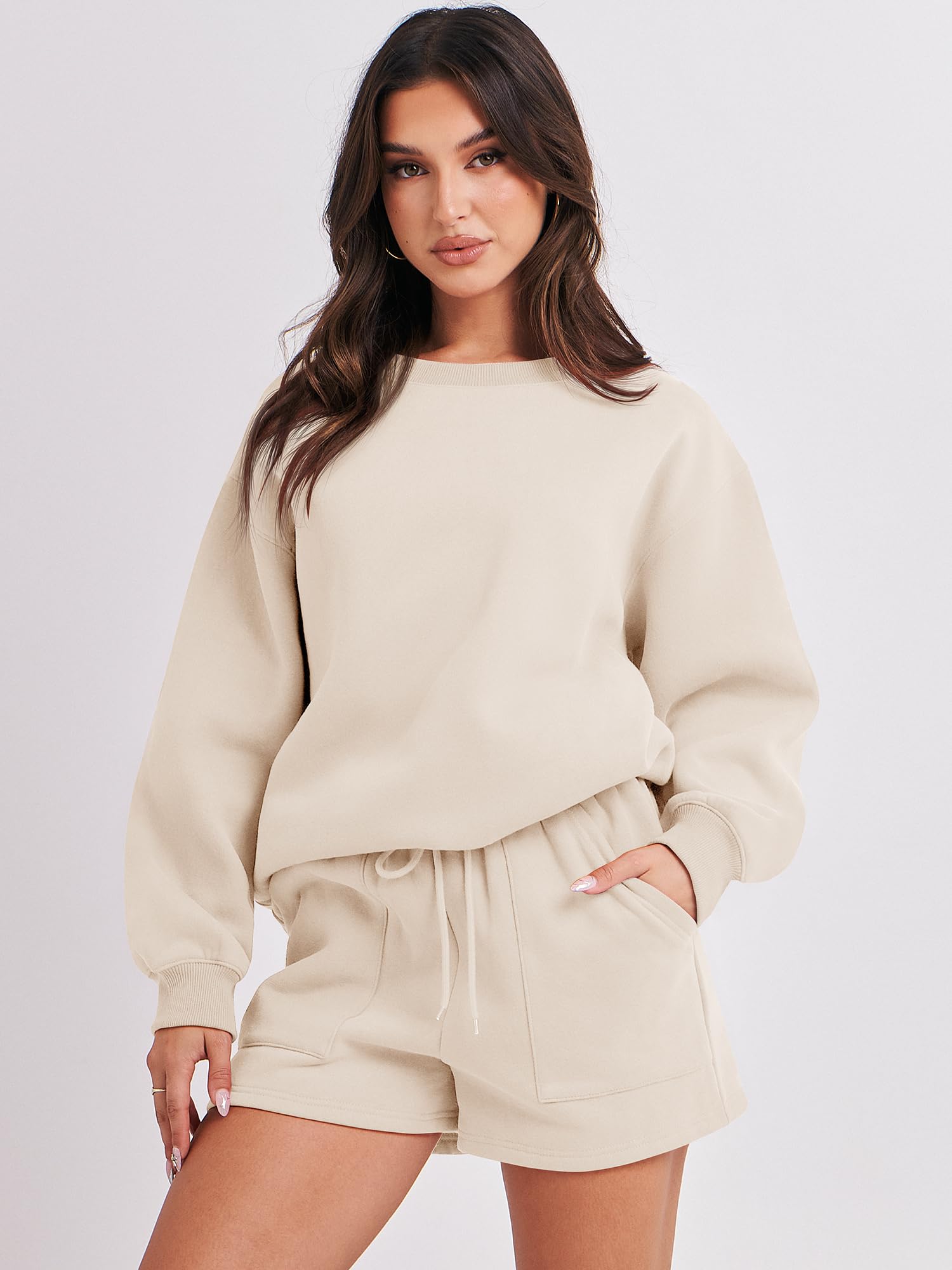 ANRABESS Women 2 Piece Outfits Sweat Shorts Sets 2025 Oversized Casual Lounge Matching Set Sweatsuit Tracksuit Clothes Apricot Small