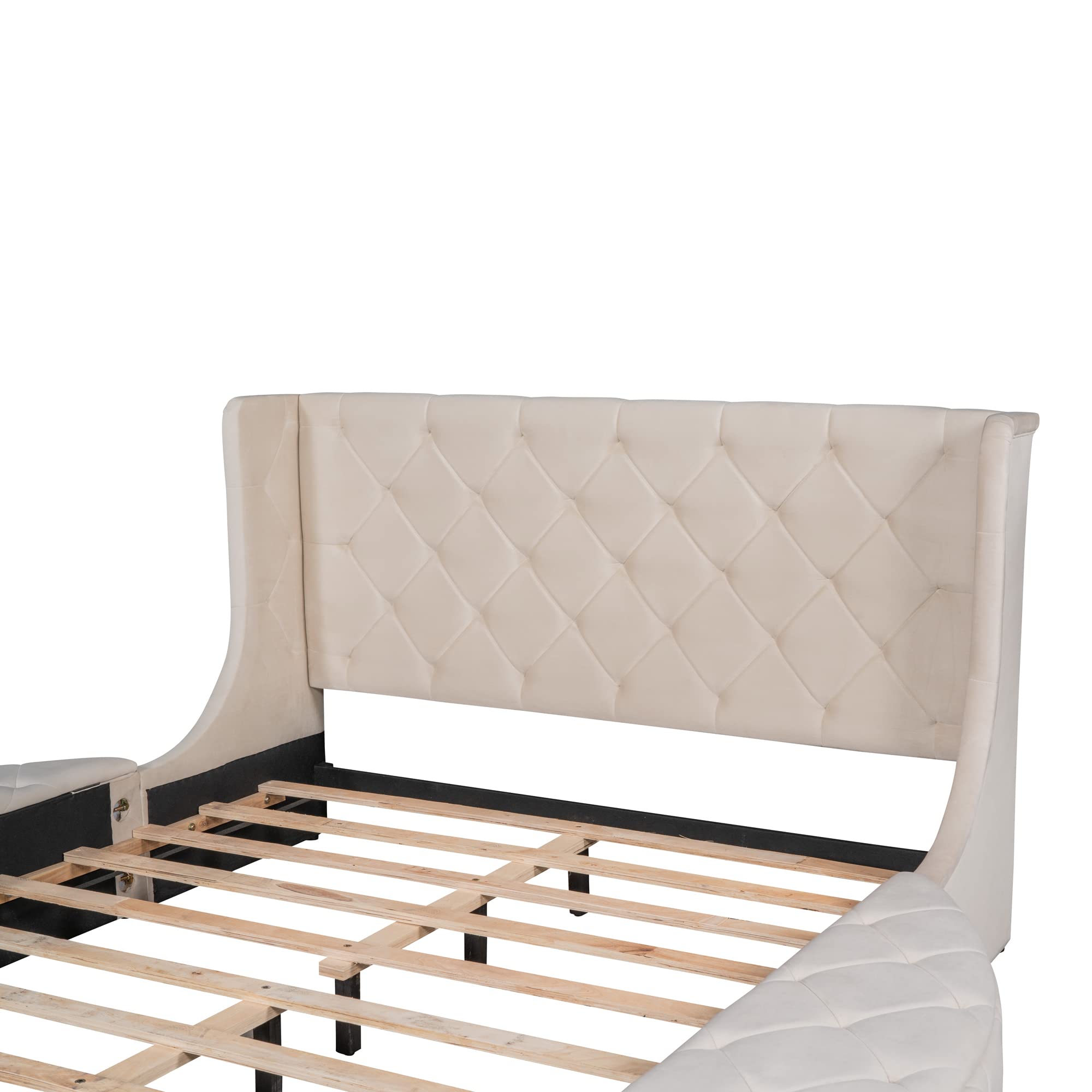 Lepfun Queen Size Velvet Platform Bed Frame with Storage, Upholstered Tufted Bed Frame with Wingback Headboard, 1 Big Drawer and 2 Side Storage Stool, Easy Assembly, for Bedroom, Apartment, Beige