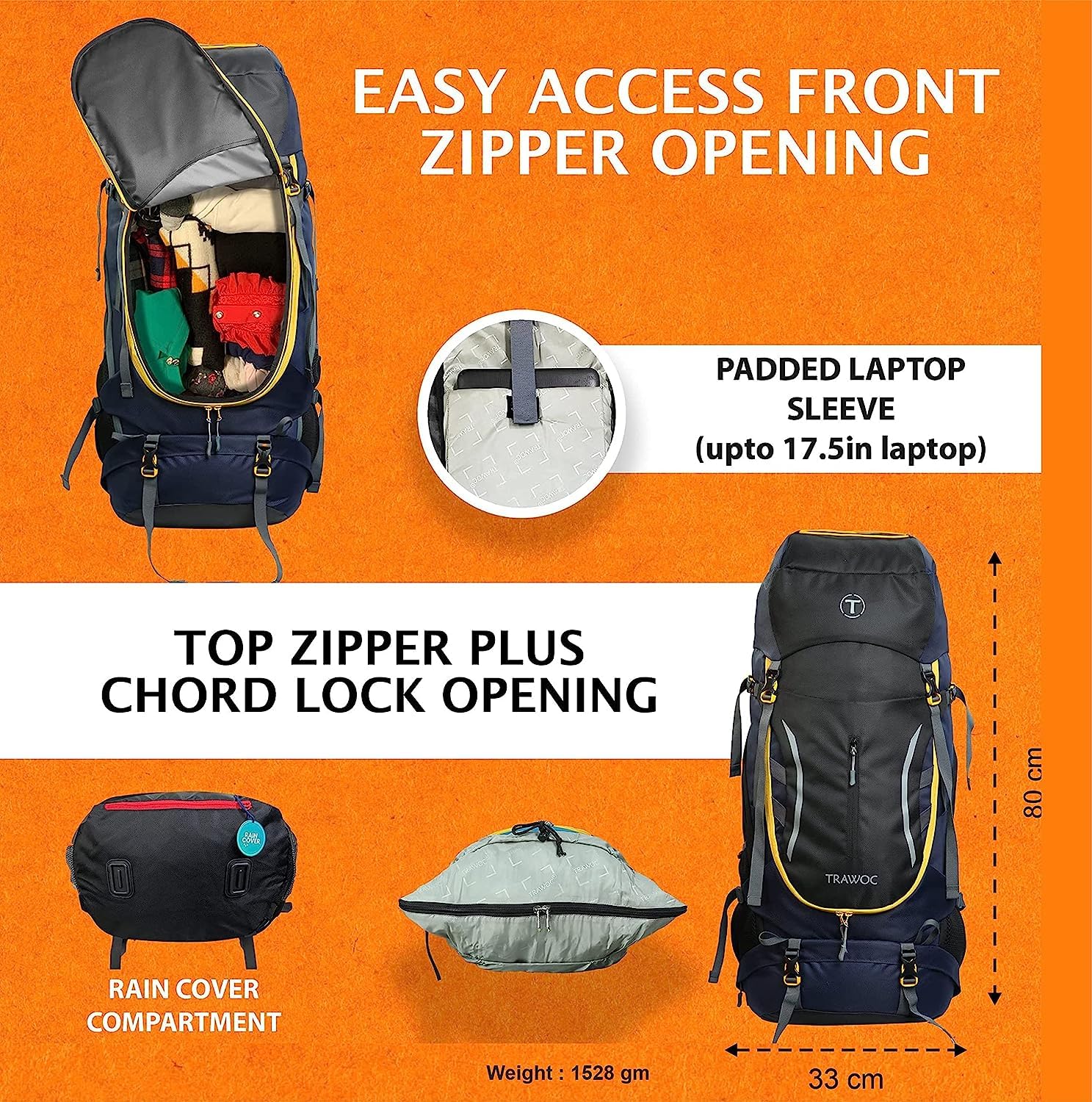 TRAWOC 65 Liter Internal Frame Trekking Hiking Backpack Travel Bag Front & Top Loading Rucksack/Water Proof Rain Cover/Shoe Compartment, HK010