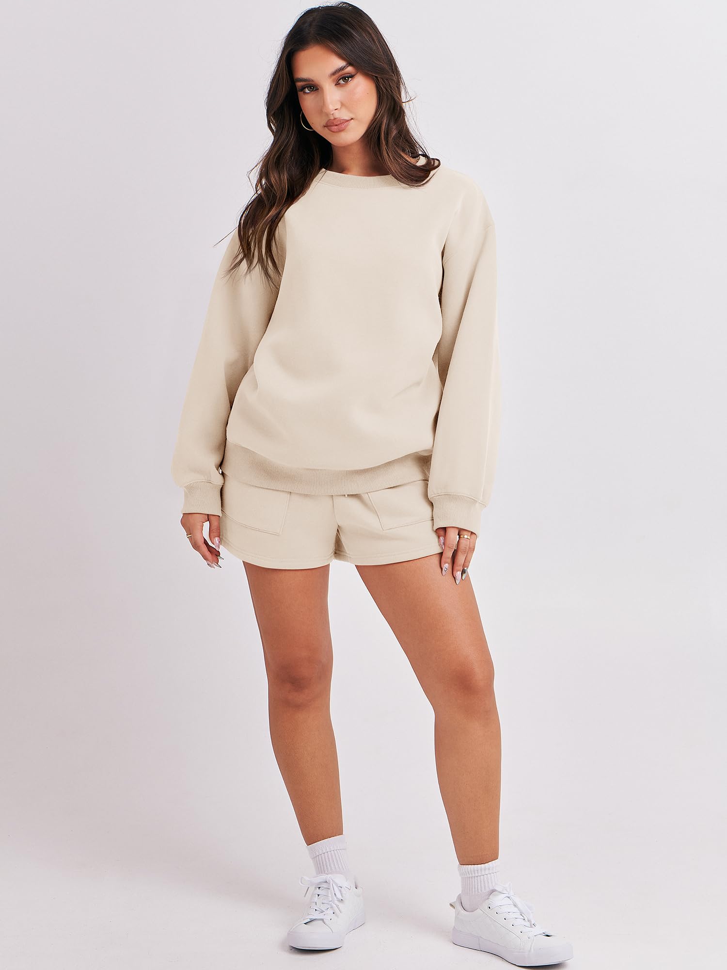ANRABESS Women 2 Piece Outfits Sweat Shorts Sets 2025 Oversized Casual Lounge Matching Set Sweatsuit Tracksuit Clothes Apricot Small