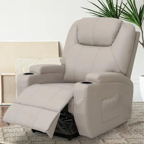 yoyomax Breathable leather Lift Recliner Chair, Oversized Upholstered Heated Massage Chair, Electric Power Rocker with Drink Holders - Adjustable Living Room Chair for Back, Lumbar, Legs- LightGrey