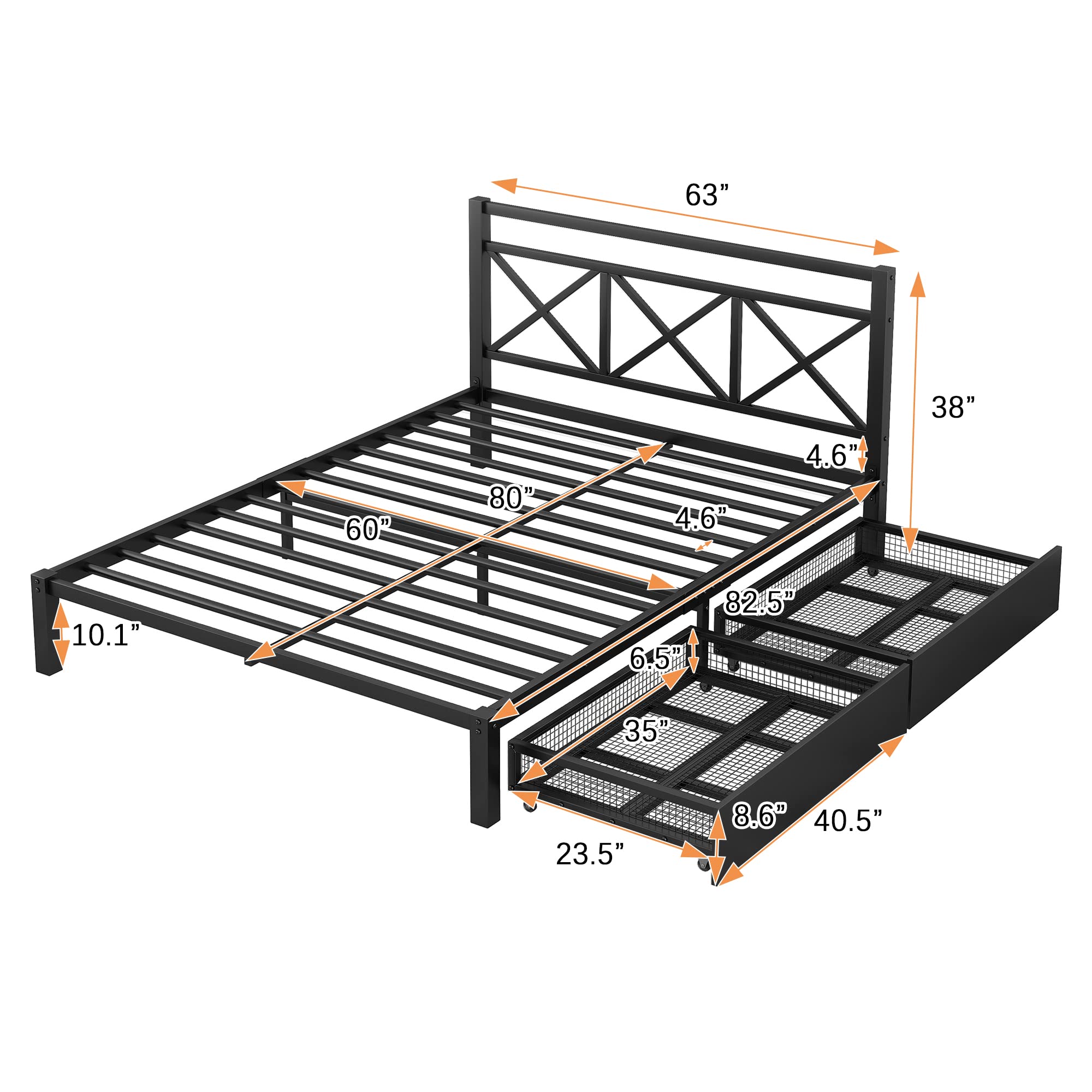 Bellemave Queen Bed Frame with 2 Storage Drawers, Queen Size Metal Platform Bed with Headboard, Noise-Free, No Box Spring Needed, Black, Black With Drawers