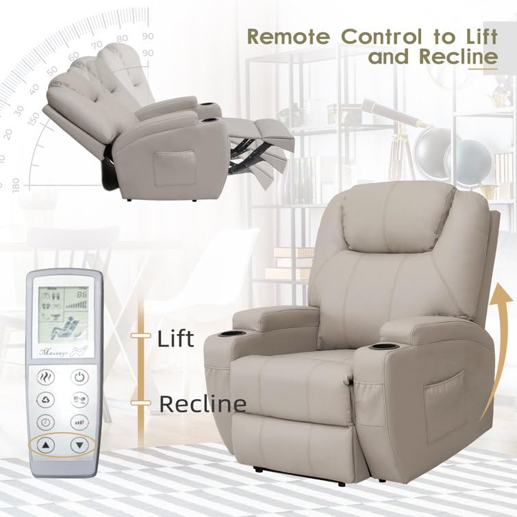 yoyomax Breathable leather Lift Recliner Chair, Oversized Upholstered Heated Massage Chair, Electric Power Rocker with Drink Holders - Adjustable Living Room Chair for Back, Lumbar, Legs- LightGrey
