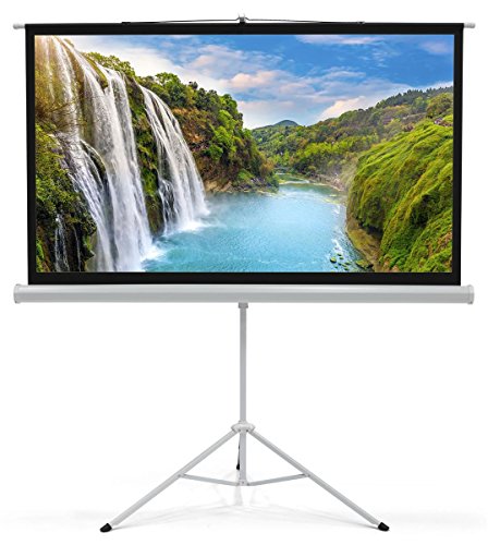 Displays2go 63 x 36 Inch Projector Screen with Height Adjustable Tripod Stand – Black (PRSTRI72)