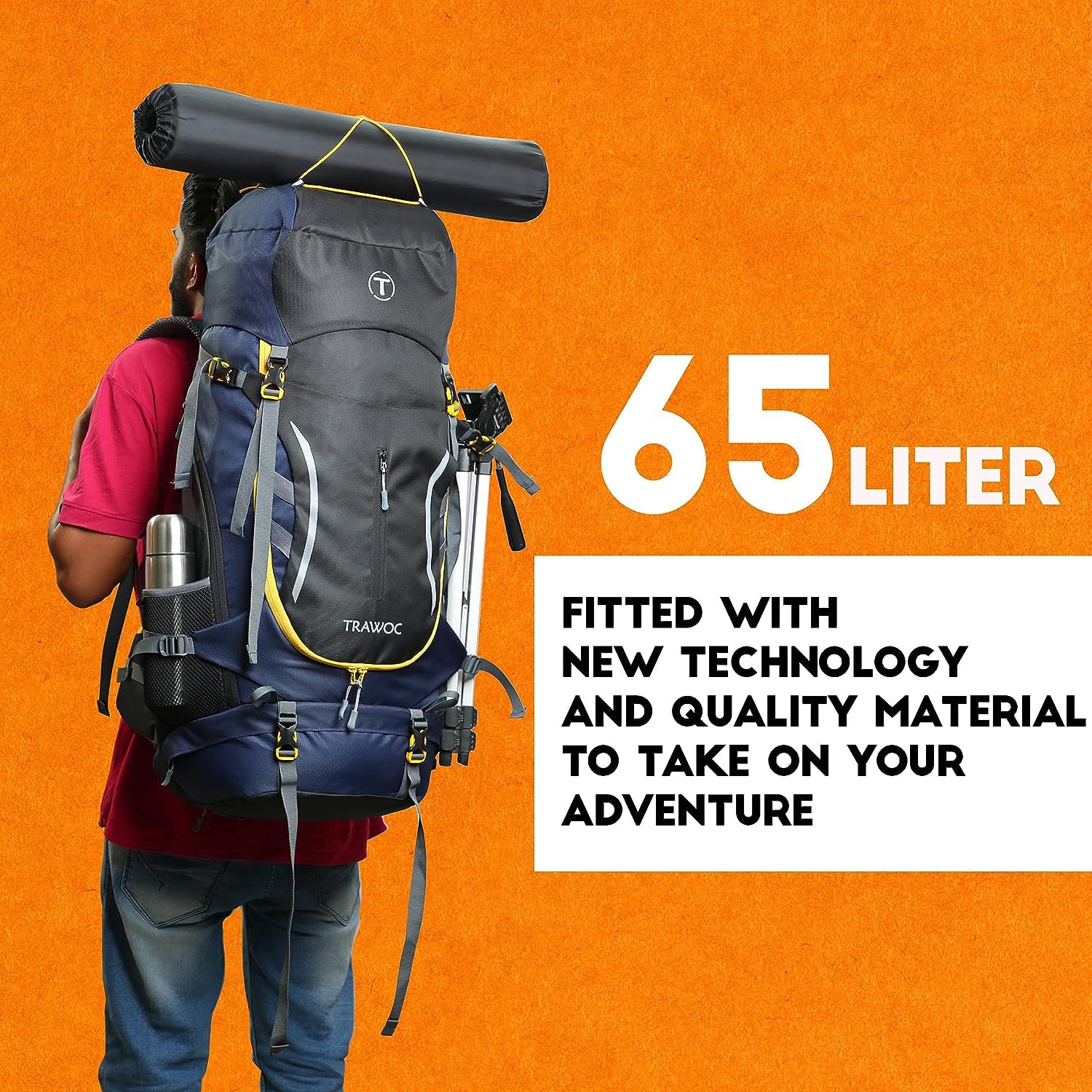 TRAWOC 65 Liter Internal Frame Trekking Hiking Backpack Travel Bag Front & Top Loading Rucksack/Water Proof Rain Cover/Shoe Compartment, HK010