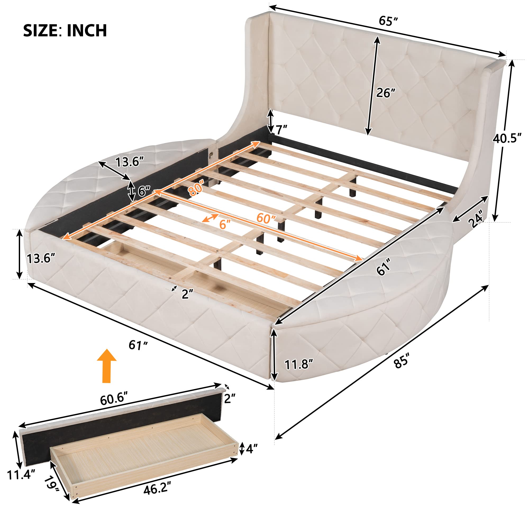 Lepfun Queen Size Velvet Platform Bed Frame with Storage, Upholstered Tufted Bed Frame with Wingback Headboard, 1 Big Drawer and 2 Side Storage Stool, Easy Assembly, for Bedroom, Apartment, Beige