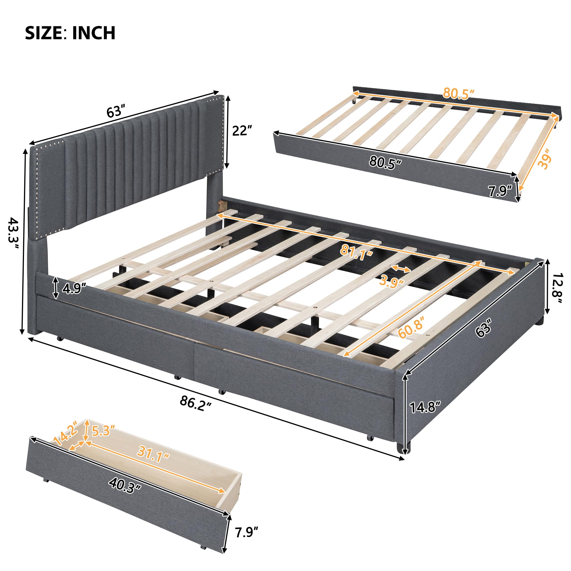 DNYN Queen Size Upholstered Platform Bed with Trundle(Twin XL) & 2 Drawers for Kids,Adult Bedroom,Wooden Bedframe Linen Fabric Furniute w/Storage & Classic Heardboard,Space Saving Design, Gray