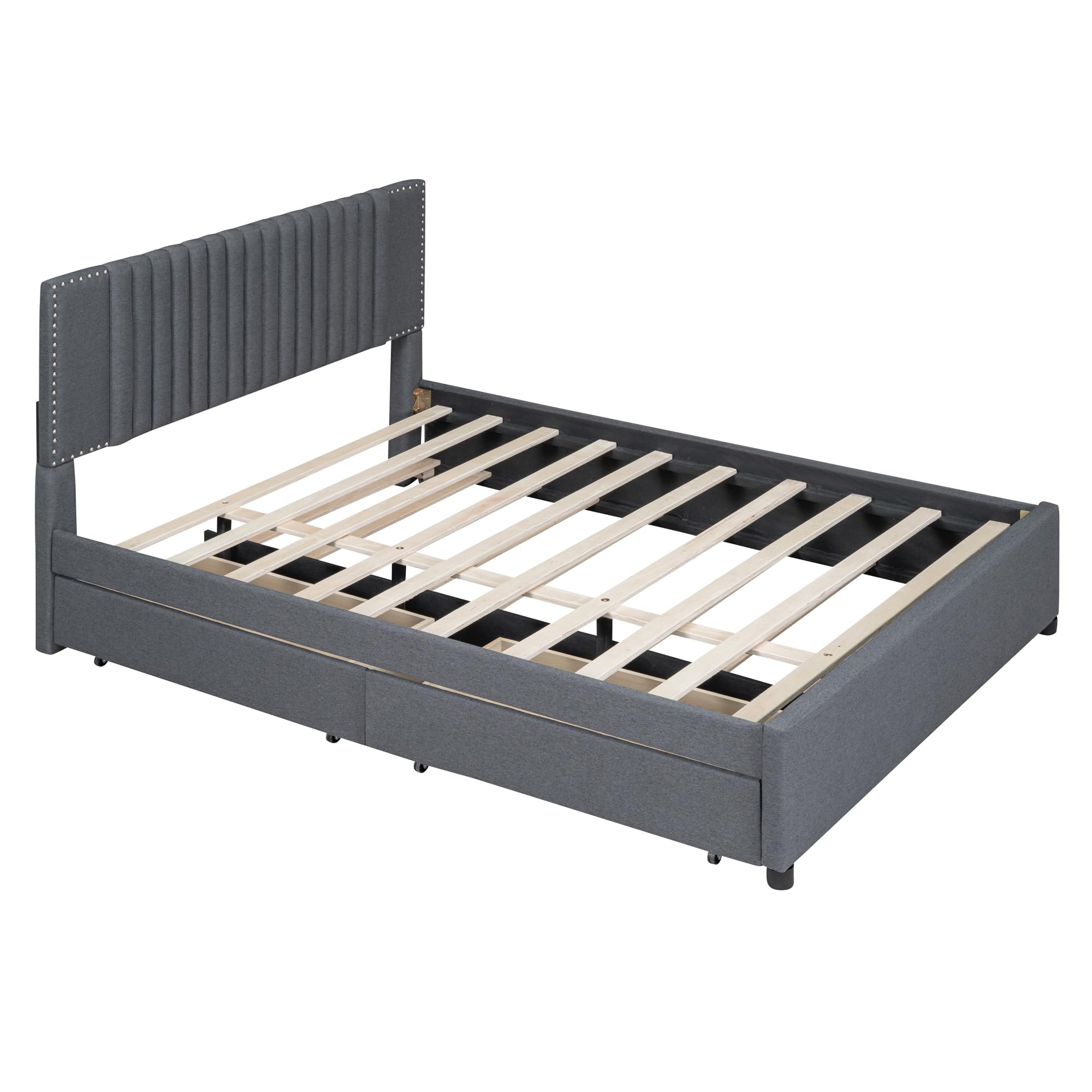 DNYN Queen Size Upholstered Platform Bed with Trundle(Twin XL) & 2 Drawers for Kids,Adult Bedroom,Wooden Bedframe Linen Fabric Furniute w/Storage & Classic Heardboard,Space Saving Design, Gray
