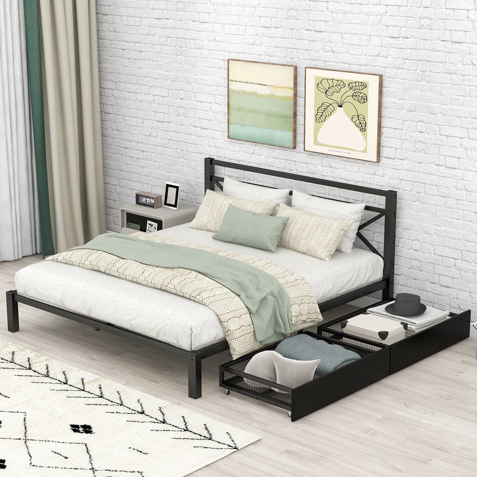 Bellemave Queen Bed Frame with 2 Storage Drawers, Queen Size Metal Platform Bed with Headboard, Noise-Free, No Box Spring Needed, Black, Black With Drawers
