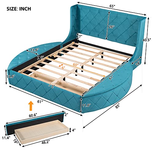 UBGO Queen Upholstered Platform Size Wingback Headboard and 1 Big Drawer,2 Side Stool,Velvet Storage Bed Frame,No Box Spring Needed/Easy Assembly, Blue e