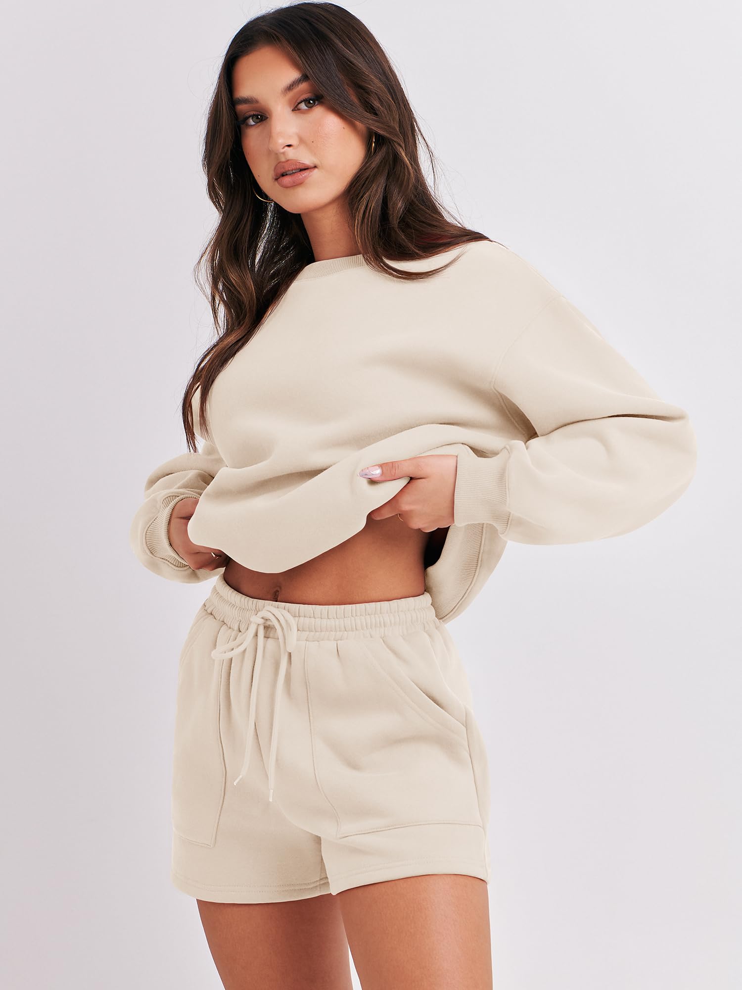 ANRABESS Women 2 Piece Outfits Sweat Shorts Sets 2025 Oversized Casual Lounge Matching Set Sweatsuit Tracksuit Clothes Apricot Small