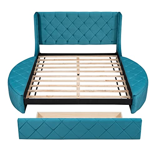 UBGO Queen Upholstered Platform Size Wingback Headboard and 1 Big Drawer,2 Side Stool,Velvet Storage Bed Frame,No Box Spring Needed/Easy Assembly, Blue e