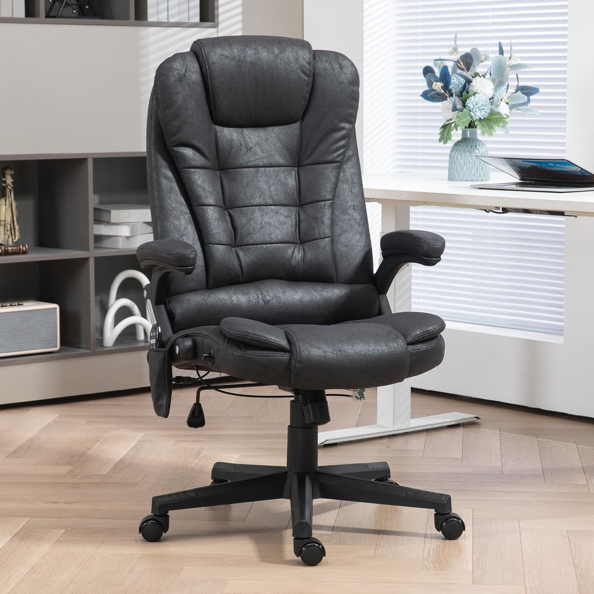 HOMCOM 6 Point Vibrating Massage Office Chair with Heat, Microfiber High Back Executive Office Chair with Reclining Backrest, Padded Armrests and Remote, Black